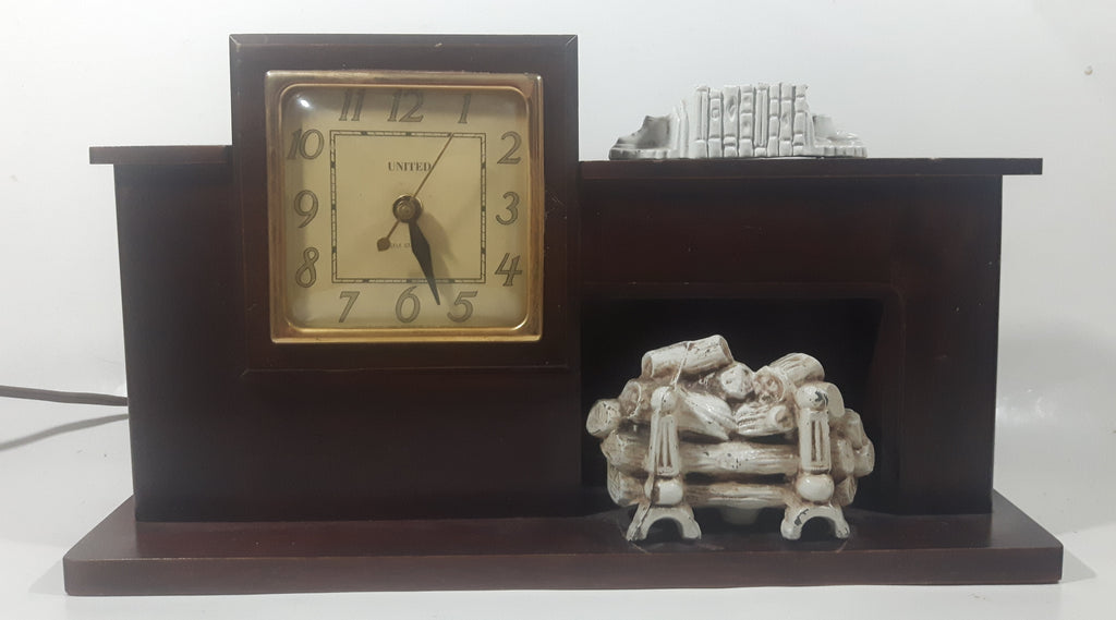 Vintage United Clock Corp Light Up Fire Place Self Starting Wood Cased ...