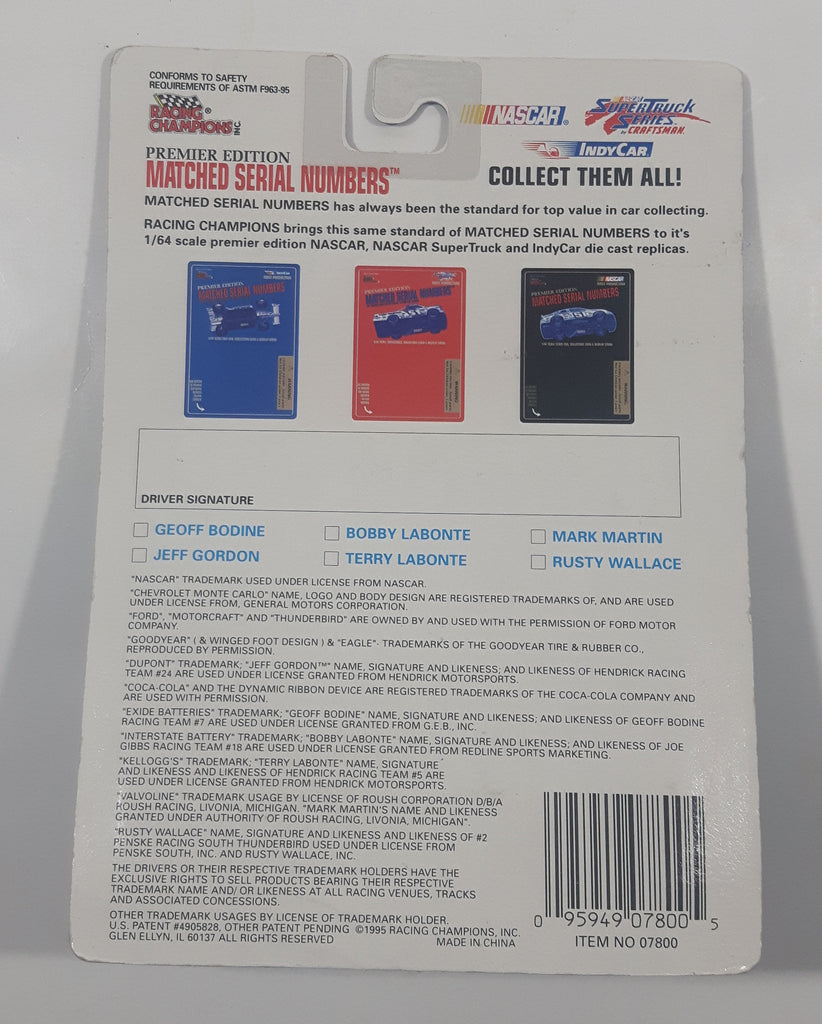 1995 Racing Champions Premier Edition NASCAR #7 Geoff Bodine Exide Bat ...