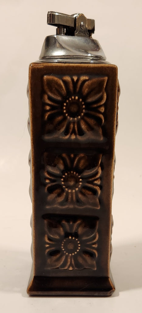 Vintage Embossed Flower Pattern Brown Ceramic Table Top Lighter Signed ...