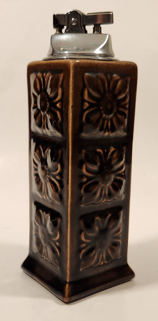 Vintage Embossed Flower Pattern Brown Ceramic Table Top Lighter Signed ...