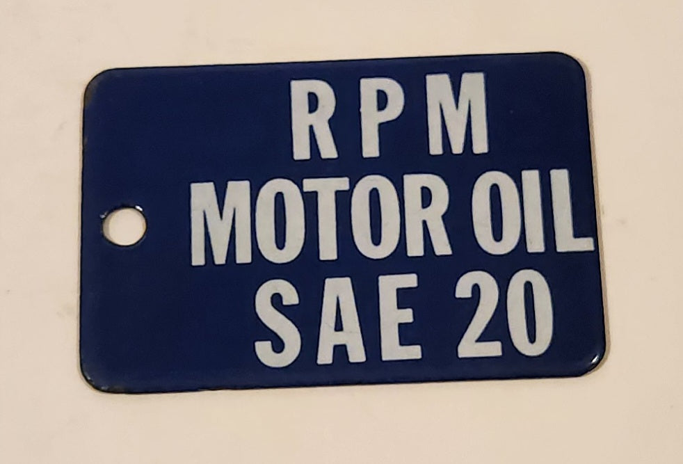 Antique RPM Motor Oil SAE 20 Blue Porcelain Enamel Metal Fuel Tag 2" x ...