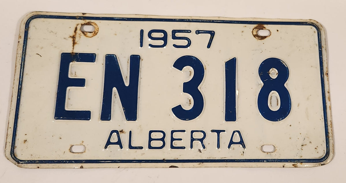 Vintage 1957 Alberta Blue Letters White Vehicle License Plate EN 318 ...