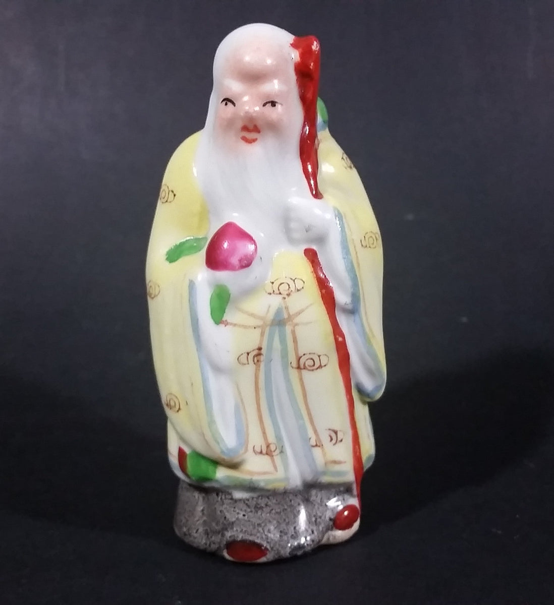 Vintage Chinese God Shou Wiseman in a Yellow Robe with Red Staff holdi ...