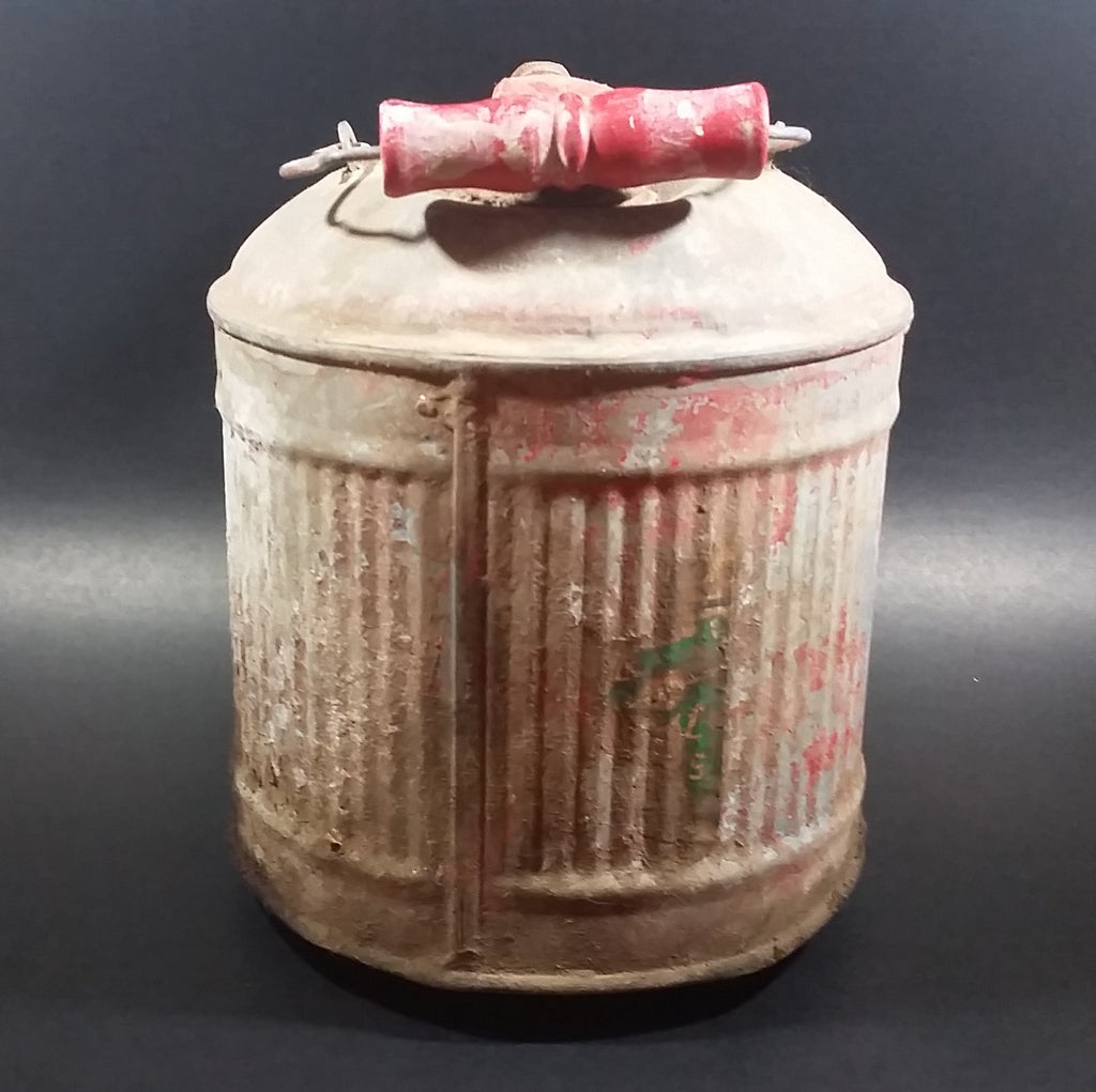 Vintage Round Red Galvanized Metal Gas Gasoline Fuel Canister Can w/ W ...