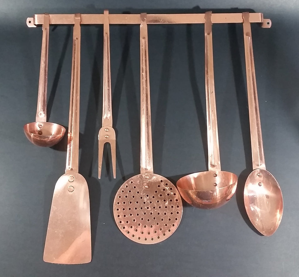 Vintage Copper Kitchen Utensil 7 Piece Set Including Wall Hanging Bar ...