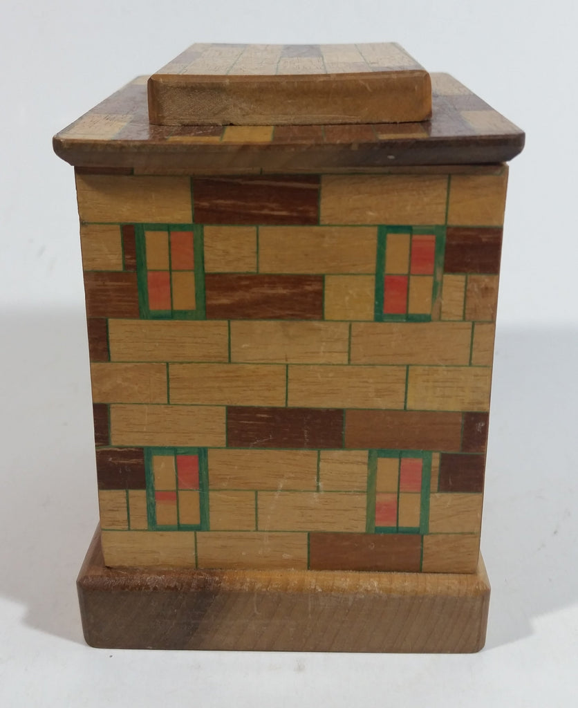 Vintage Wooden Brick Style Bank Building Wood Trick Coin Bank with Sec ...