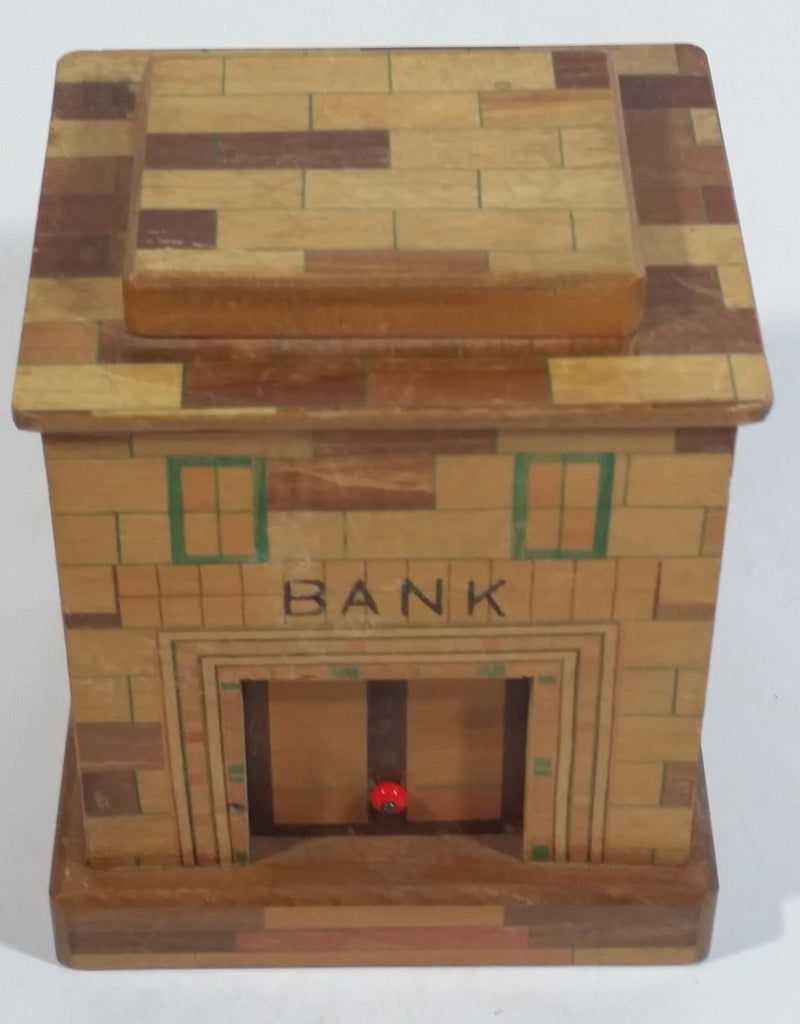 Vintage Wooden Brick Style Bank Building Wood Trick Coin Bank with Sec ...