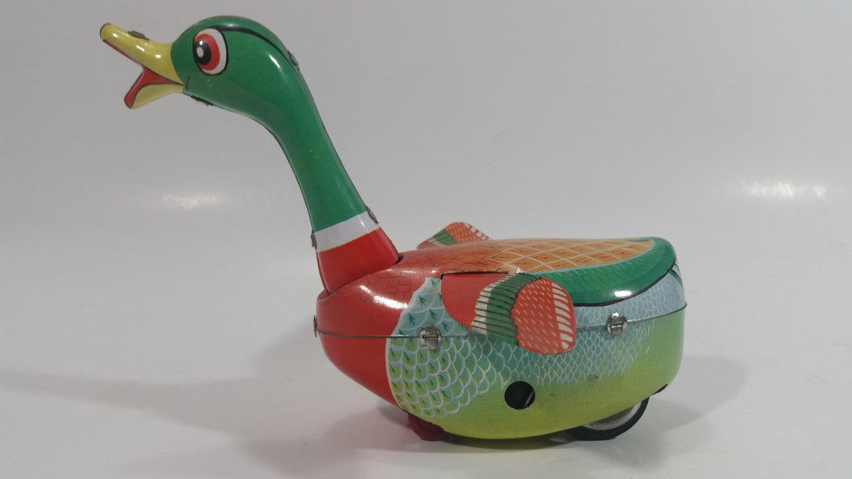 Vintage Style Tin Litho Wind up Mechanical Rolling Duck with Moving He ...