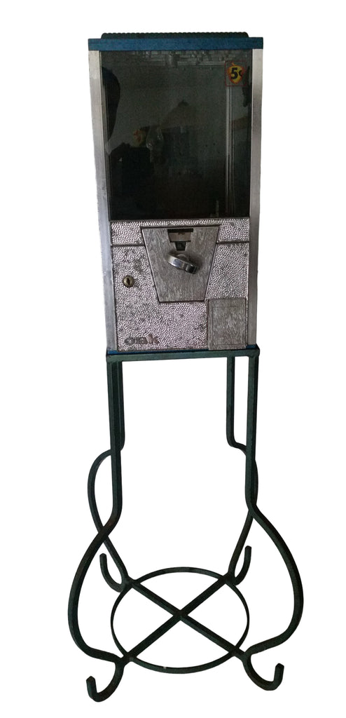 Vintage 5 Cent Sticker Oak Gumball Machine with Stand - Missing Some P ...