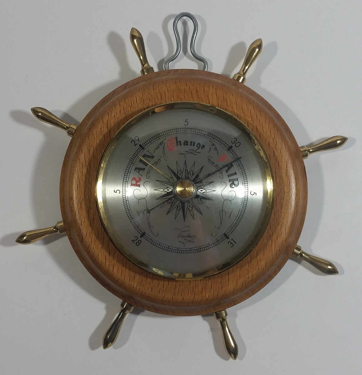 Vintage Fischer 7" Captain's Ships Wheel Wood Cased Barometer with Bra ...