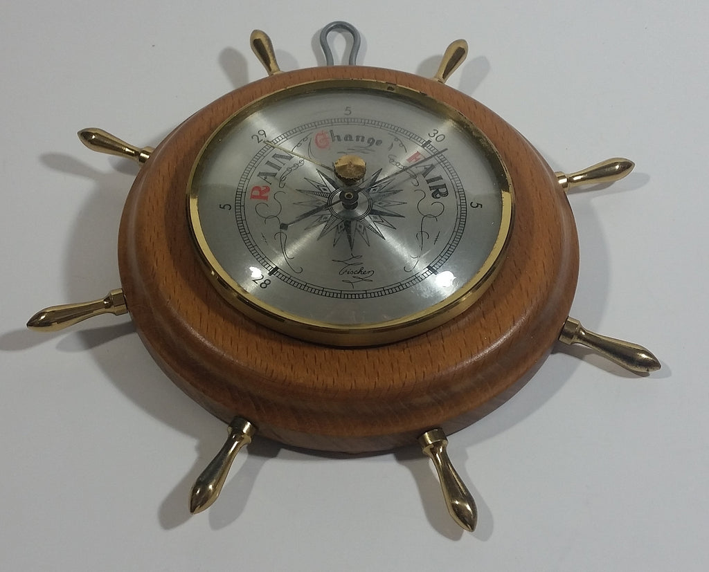 Vintage Fischer 7" Captain's Ships Wheel Wood Cased Barometer with Bra ...