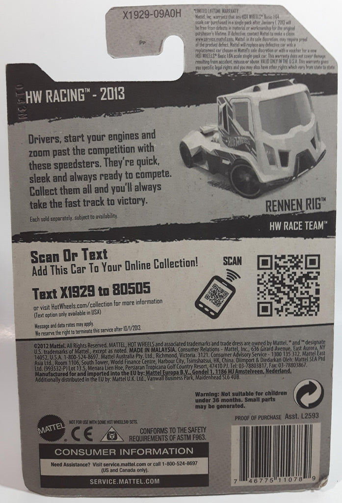 2013 Hot Wheels HW Racing Rennen Rig White Blue Die Cast Toy Car Vehic ...