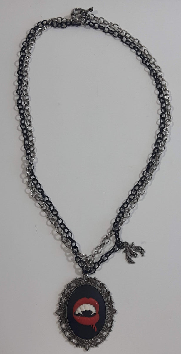 Vampire Mouth and Bat Themed 22" Long Black Double Chain Necklace with ...