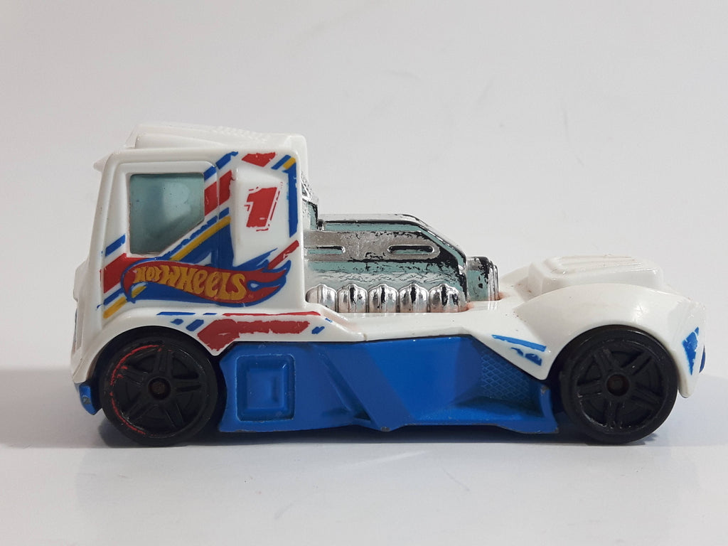2013 Hot Wheels HW Racing Rennen Rig White Blue Die Cast Toy Car Vehic ...