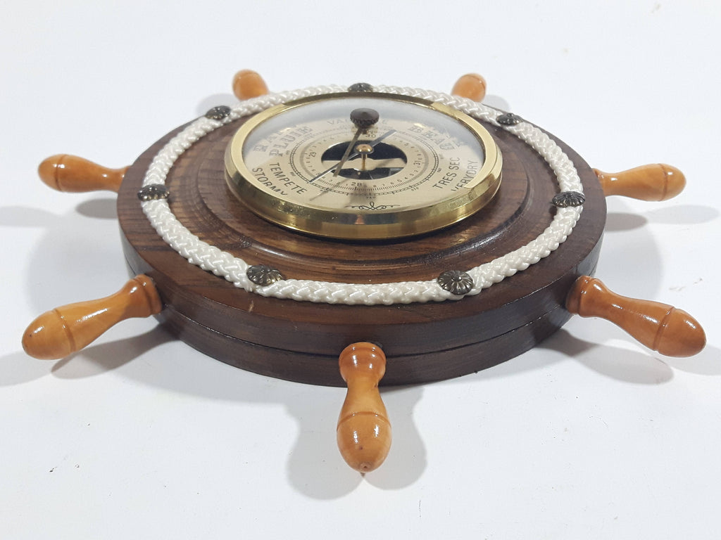 Vintage Wood Cased Wood Knob Rope Decor Captain's Ship Wheel Barometer ...