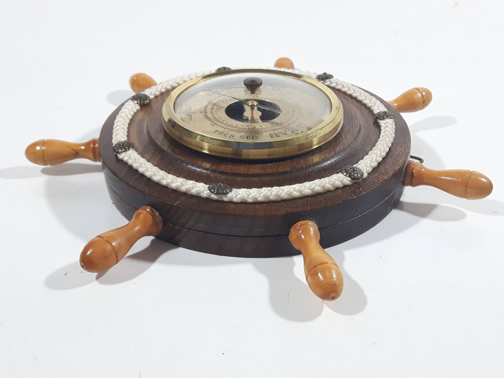 Vintage Wood Cased Wood Knob Rope Decor Captain's Ship Wheel Barometer ...