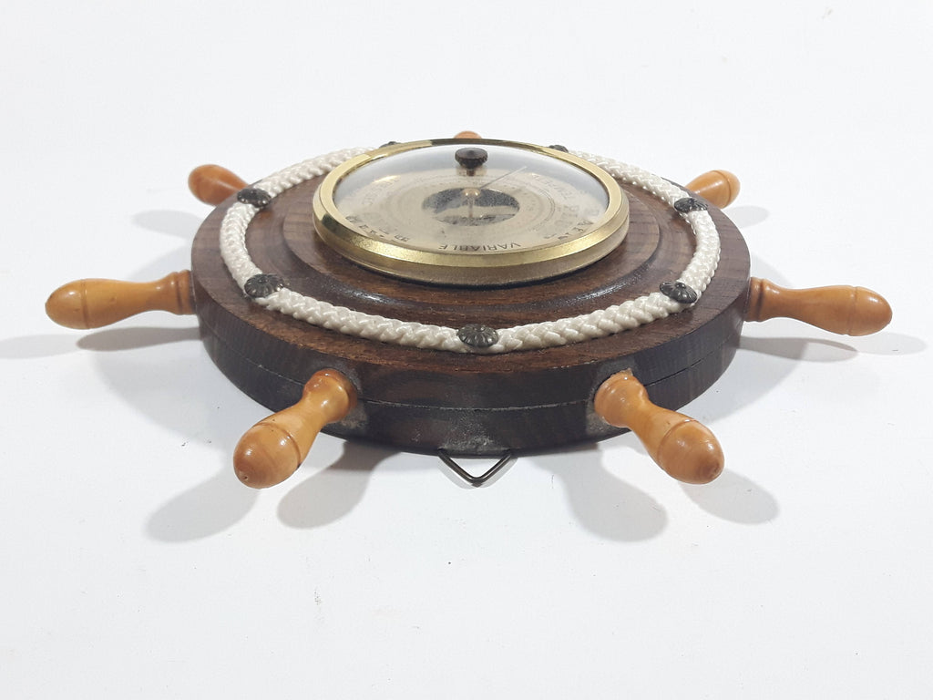 Vintage Wood Cased Wood Knob Rope Decor Captain's Ship Wheel Barometer ...