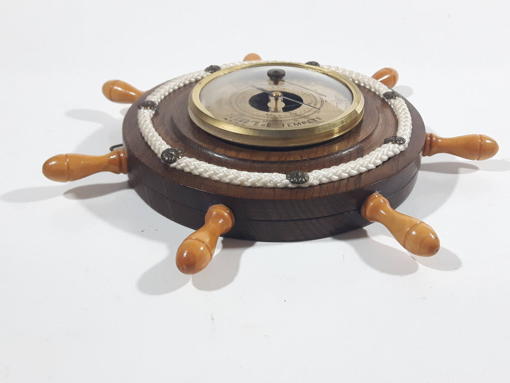 Vintage Wood Cased Wood Knob Rope Decor Captain's Ship Wheel Barometer ...