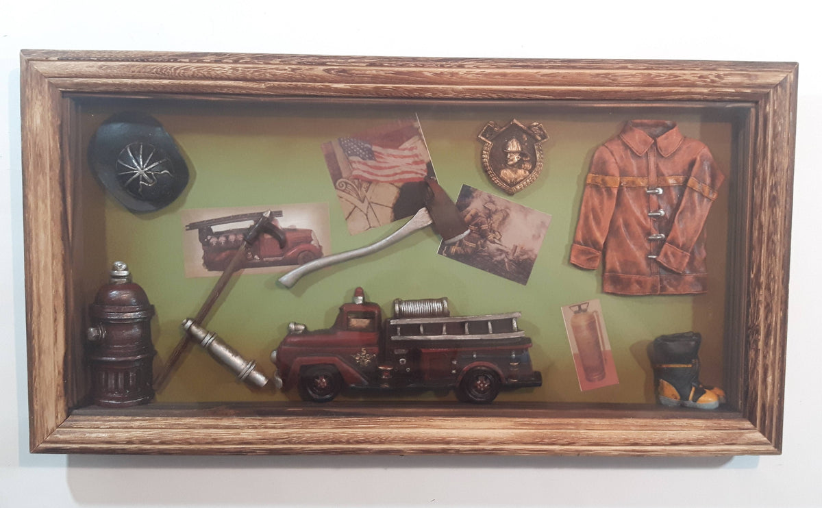 Vintage Firemen Fireighters Firefighting Wood Cased Shadow Box ...