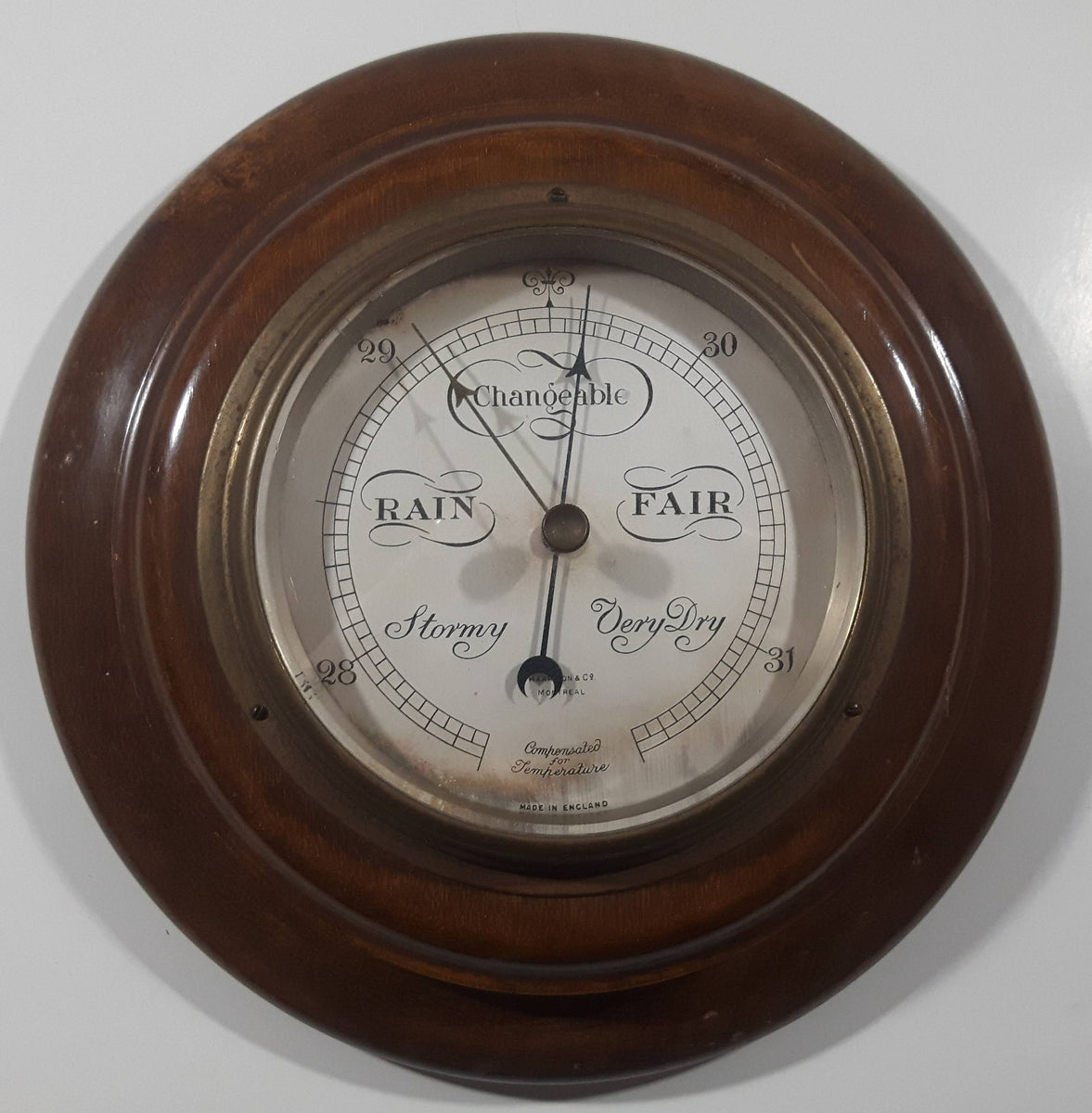 Antique Harrison & Co Montreal Round Heavy Wood Cased Barometer Weathe ...