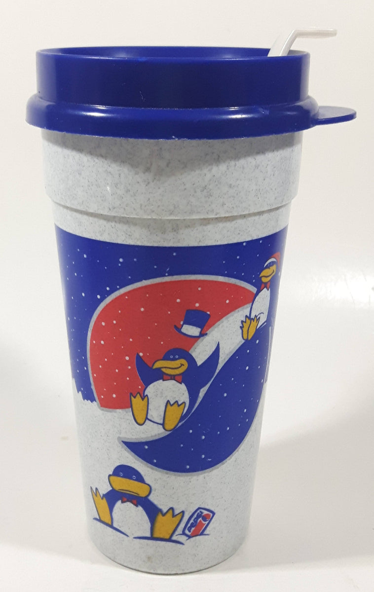Rare Whirley Pepsi Cola Penguin Themed 6 3/4" Tall Plastic Cup with Li ...