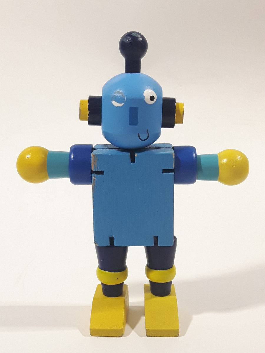 Wooden Blue Robot with Stretch Band Joints 4 3/4" Tall Toy Figure ...