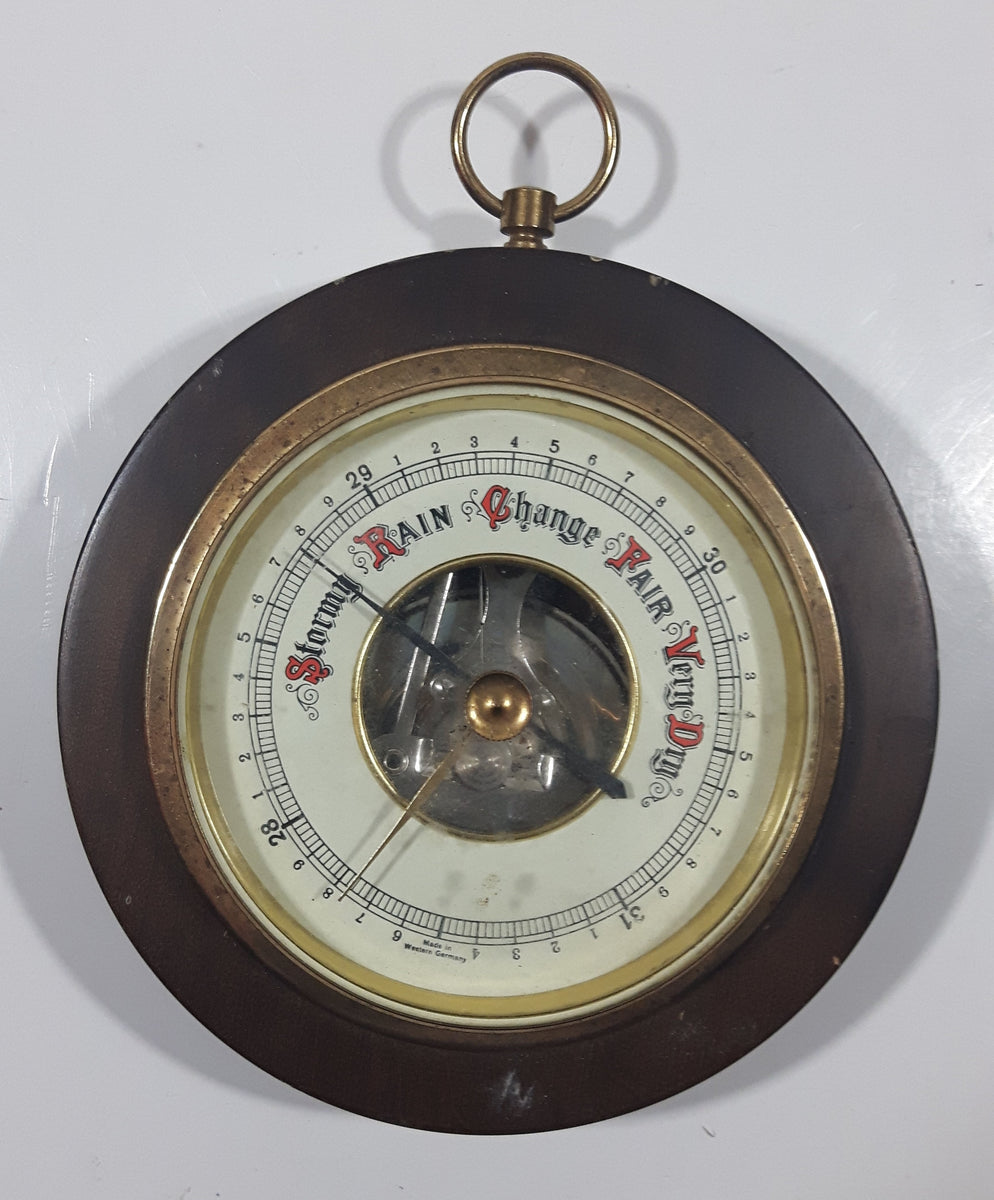 Vintage 5" Diameter Wooden Cased Weather Barometer Made in Western Ger ...