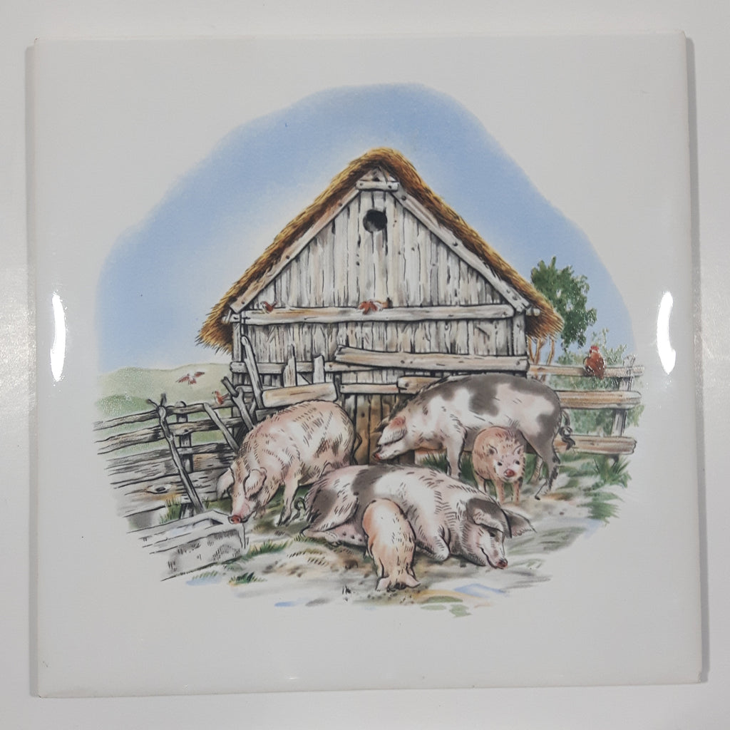 Vintage Mud Covered Pigs and Barn Themed 6" x 6" Ceramic Tile Trivet ...