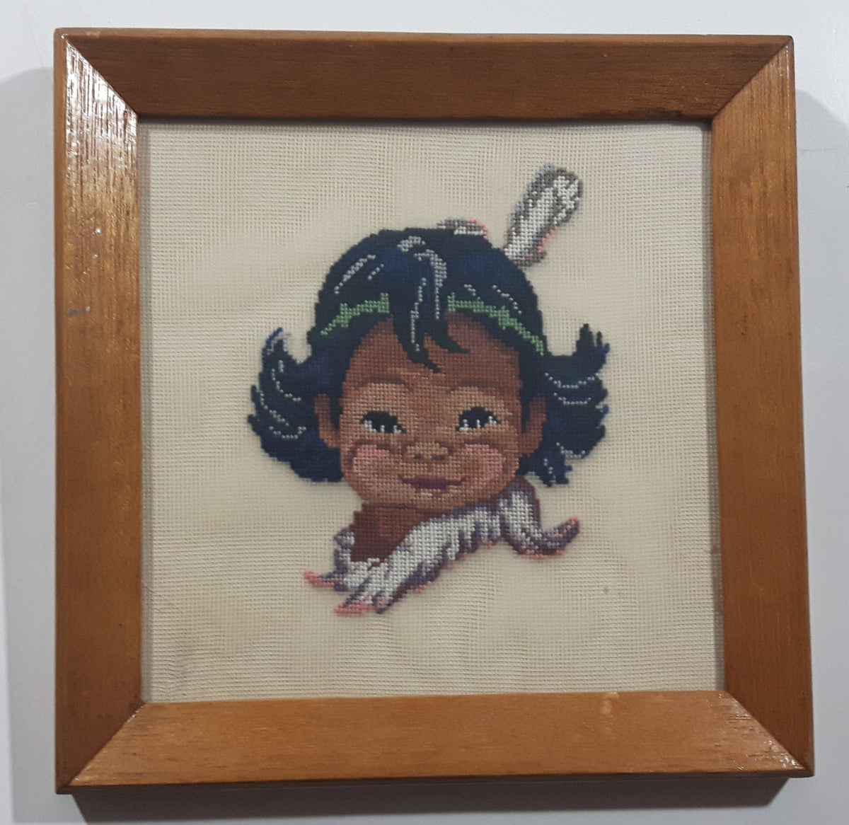 Vintage First Nations Native Child 7 1/2" x 7 1/2" Framed Cross Stitch ...