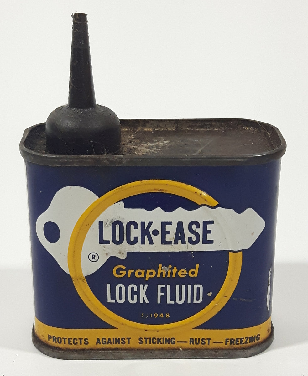 Vintage 1948 Lock Ease Graphited Lock Fluid 4 Fl. Oz. 2 3/4" Tall Meta ...